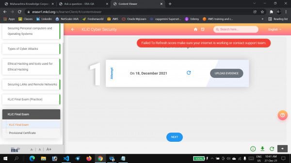 Klic cybersecurity exam completed but marks is not showing in solar ...
